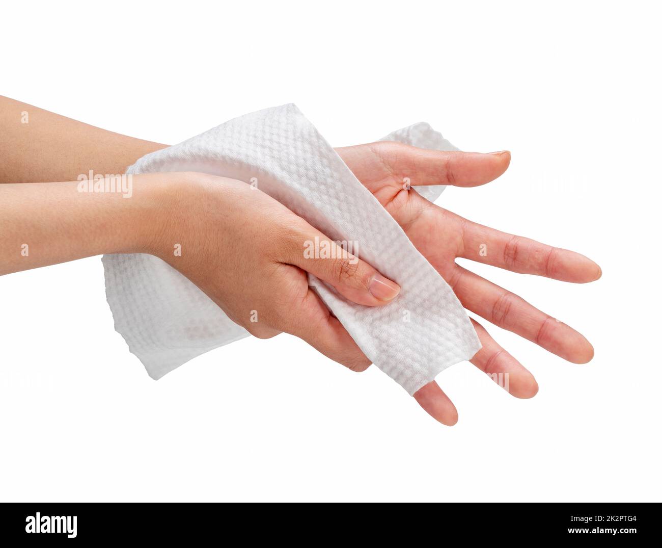 Woman wiping her hands with napkin on white background Stock Photo - Alamy