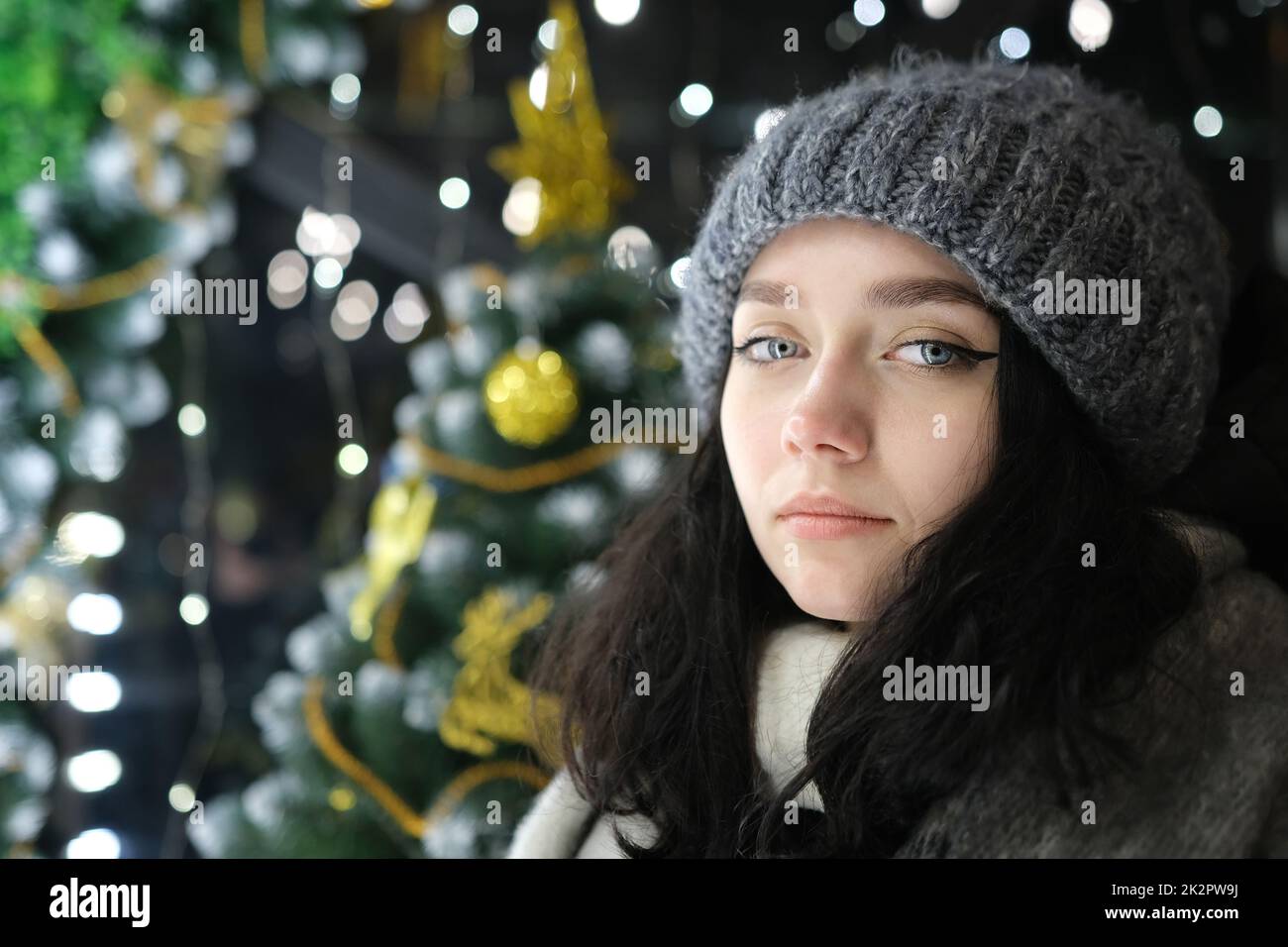 young beautiful happy Face of smiling girl posing. Christmas on ...