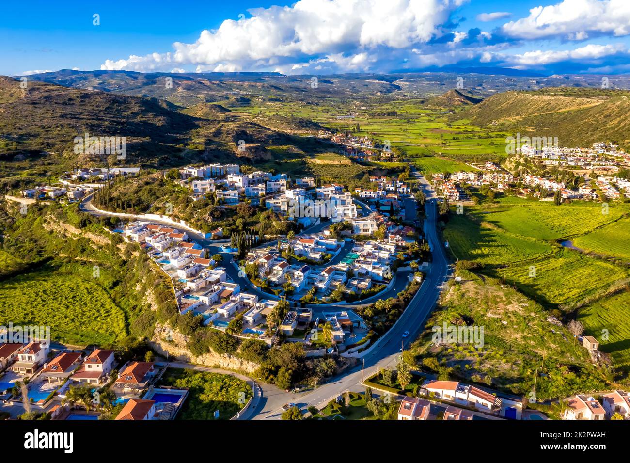 Bird's eye view of residential houses and villas at Pissouri bay, a ...