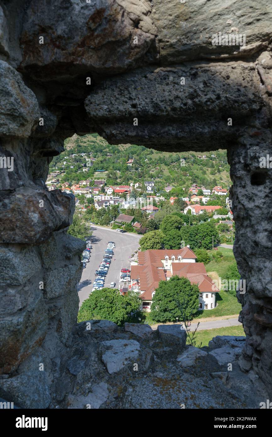 A vertical view from the Devin castle murder hole of an old medieval ...
