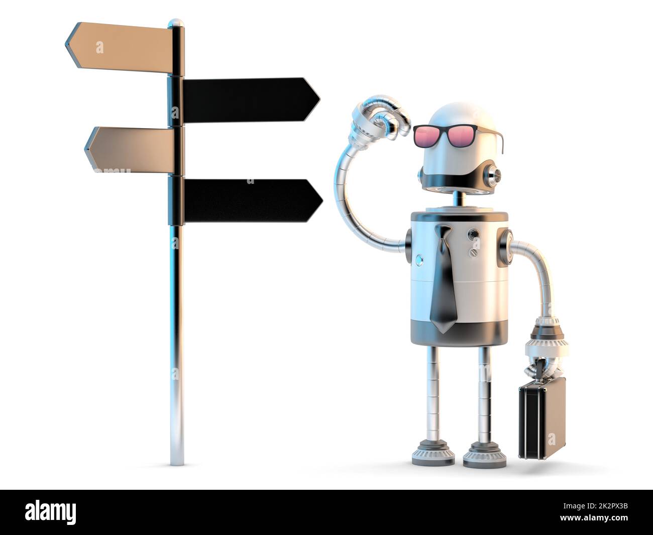 Robot businessman standing confused near sign post. 3D illustration ...