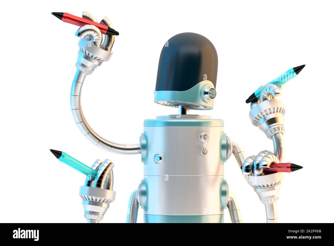 Four-arm robot with pencils. Multitasking concept. 3D illustration. Isolated on white background ...