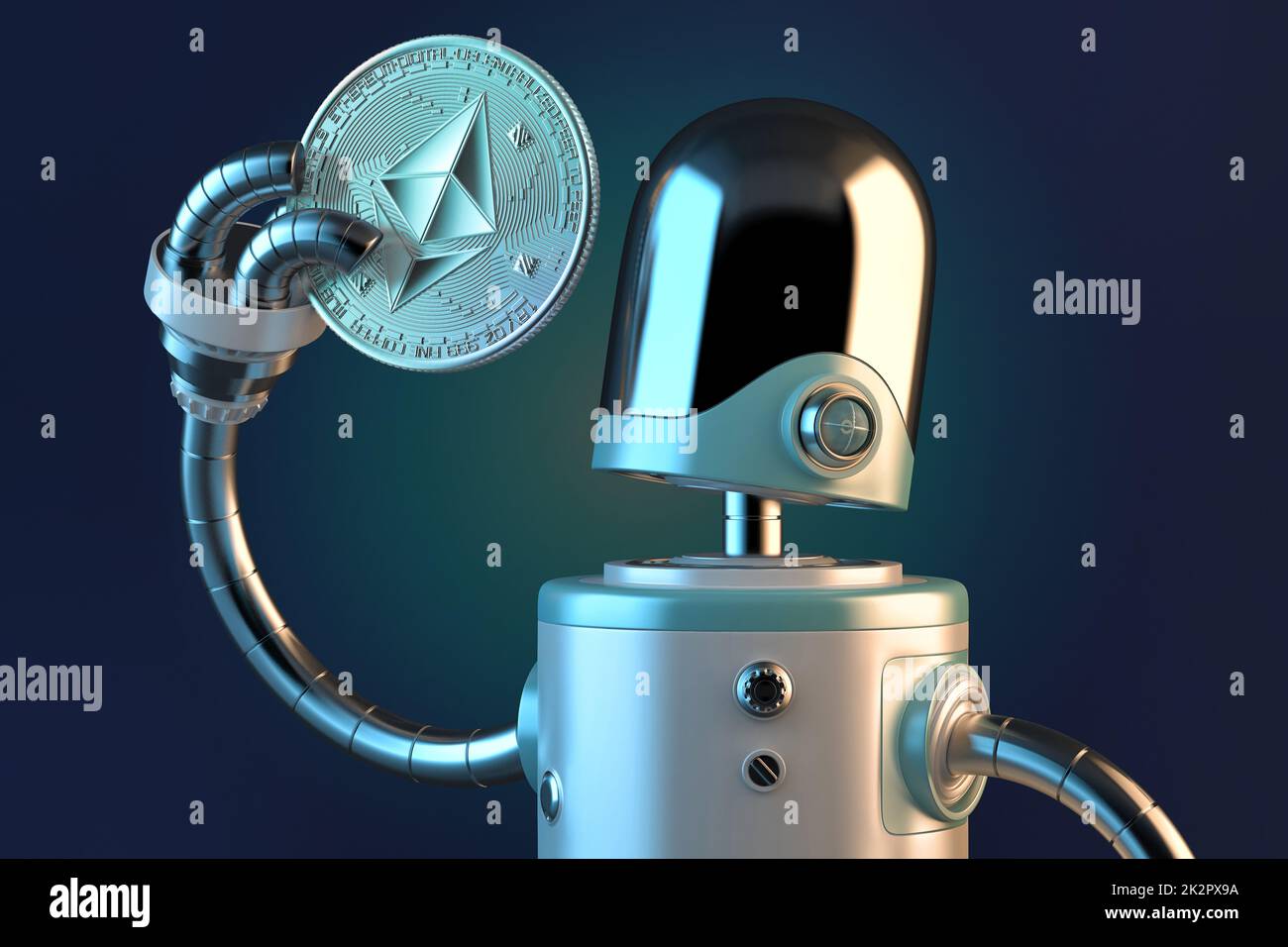 Robot looking at Ethereum coin. Technology concept. 3D illustration ...