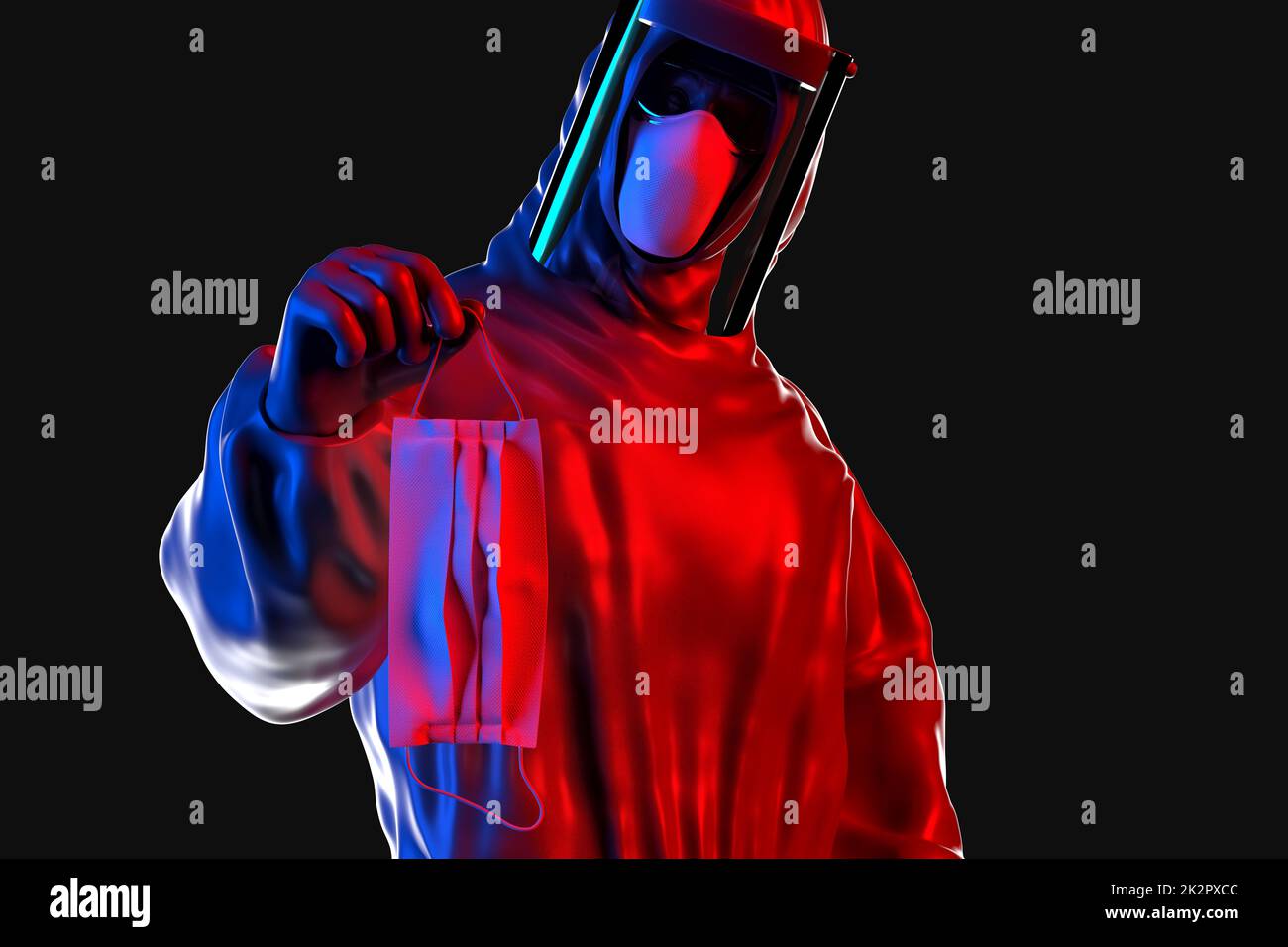 Medical worker in hazmat suit holding protective medical face mask. 3D ...