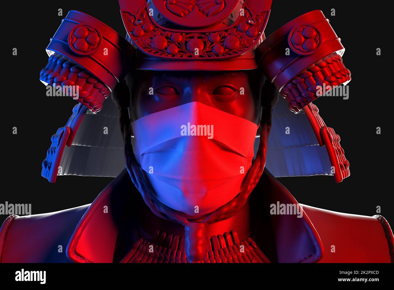 Close-up portrait of Samurai wearing medical protective mask. 3D ...