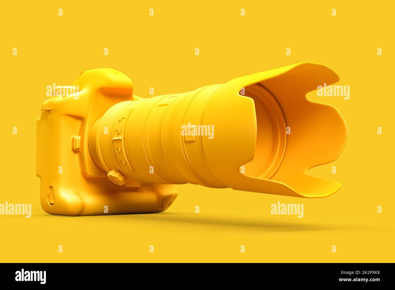 DSLR camera with telephoto zoom lens on yellow background. 3D ...