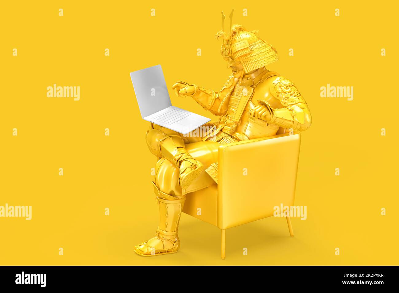 Samurai sitting on a chair with a laptop. 3D rendering Stock Photo - Alamy