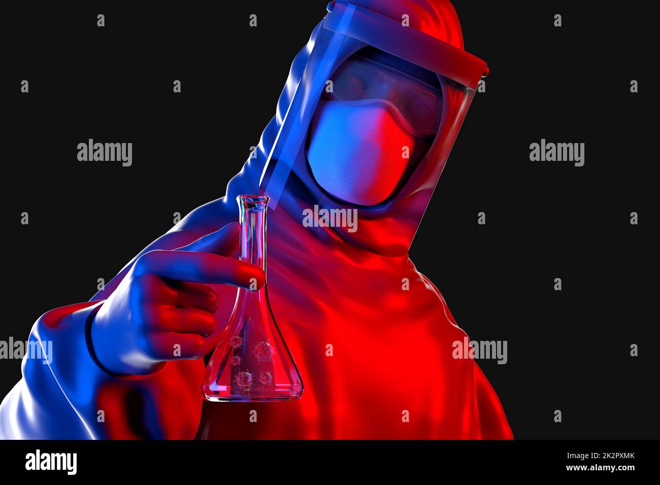 Scientist in mask, glasses and protective suit holding flask with virus ...