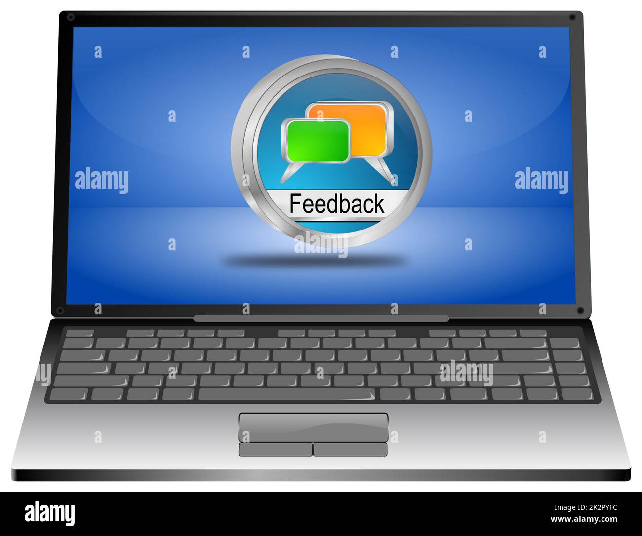 Laptop computer with Feedback button on blue desktop - 3D illustration ...