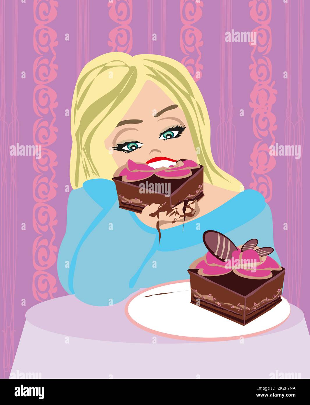 hungry gluttonous woman eating pie Stock Photo - Alamy