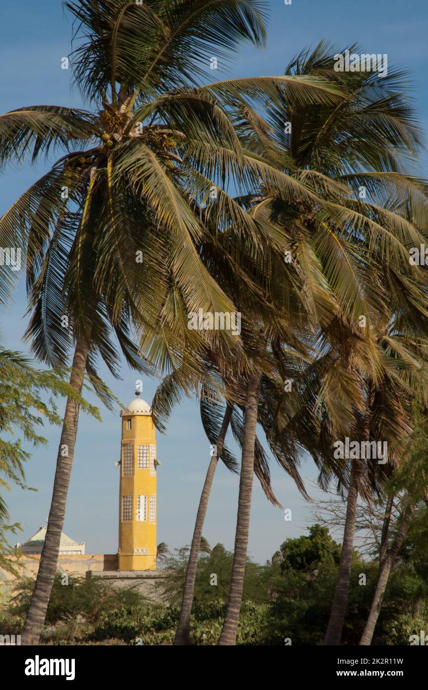 Minaret of a mosque and coconut trees Stock Photo - Alamy