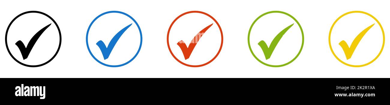 Round Button collection - Checkmark Icon in black, blue, red, green and ...