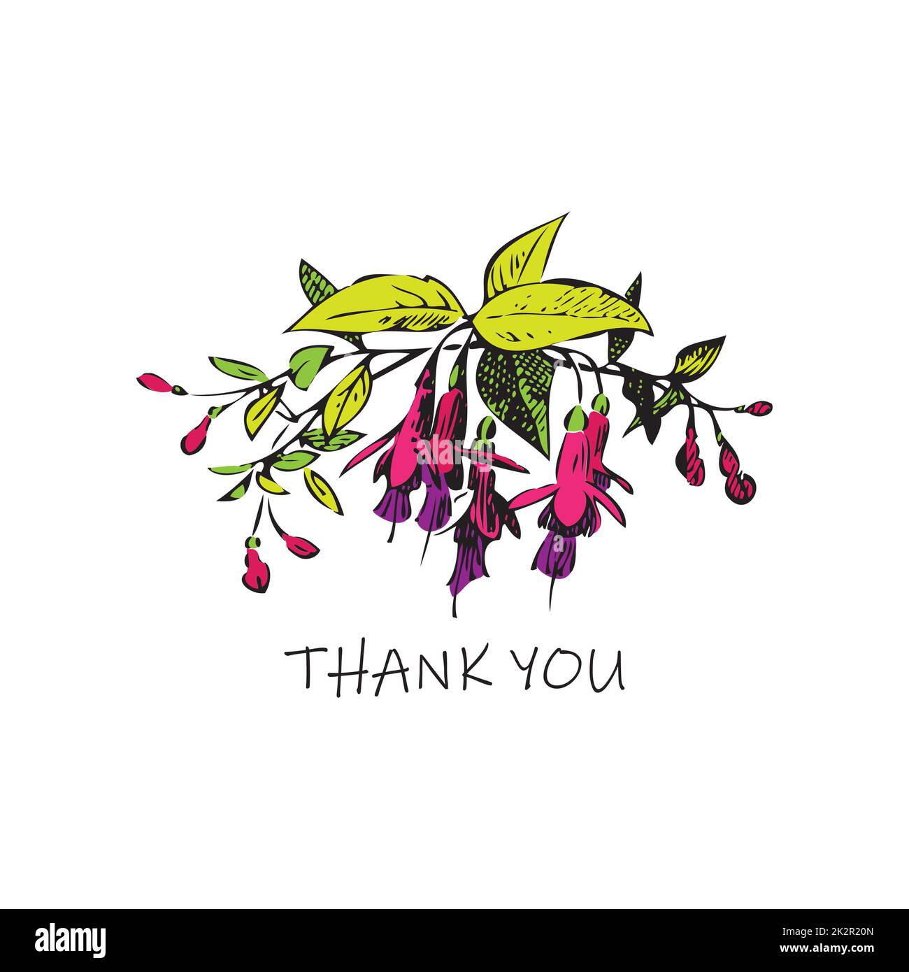 Wedding invitation floral card. Garland Fuchsia flowers, stems, leaves in purple green colors on ...