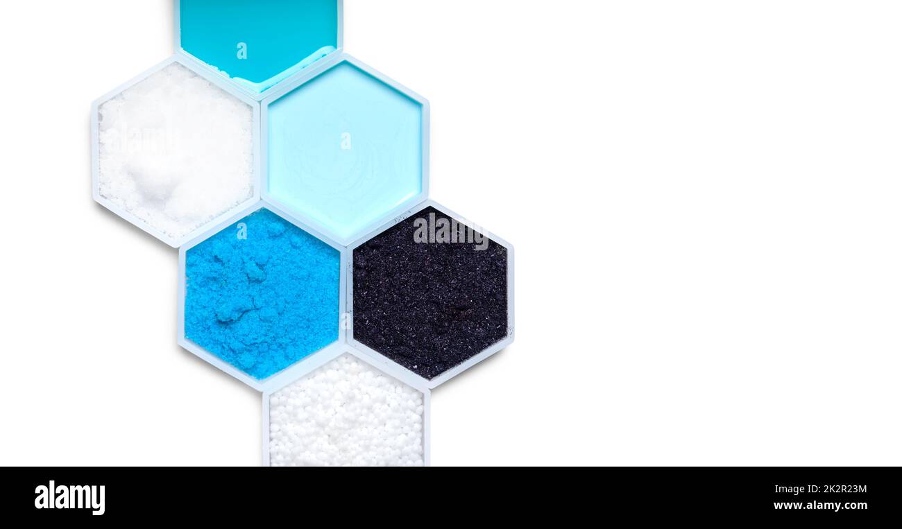 Chemical ingredient in hexagonal molecular shaped container. Shampoo ...