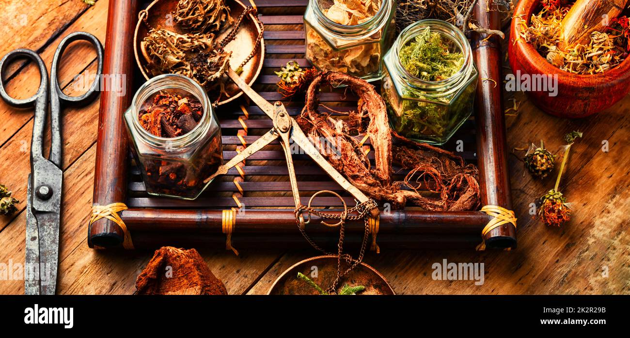Tray with healing herbs Stock Photo - Alamy