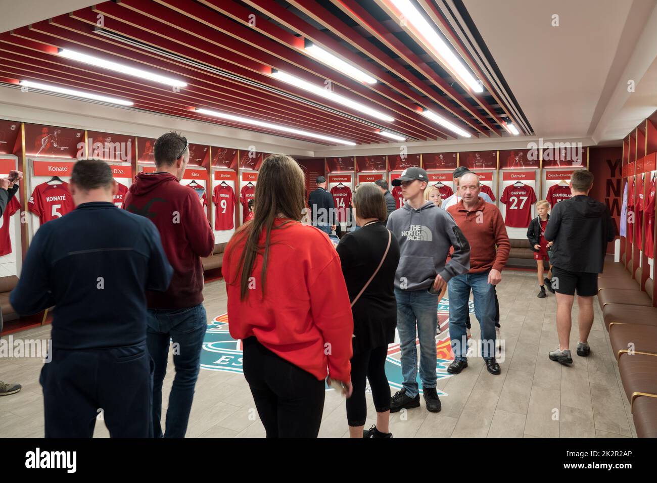 Inside home team changing room at Anfield on a Liverpool FC Stadium ...