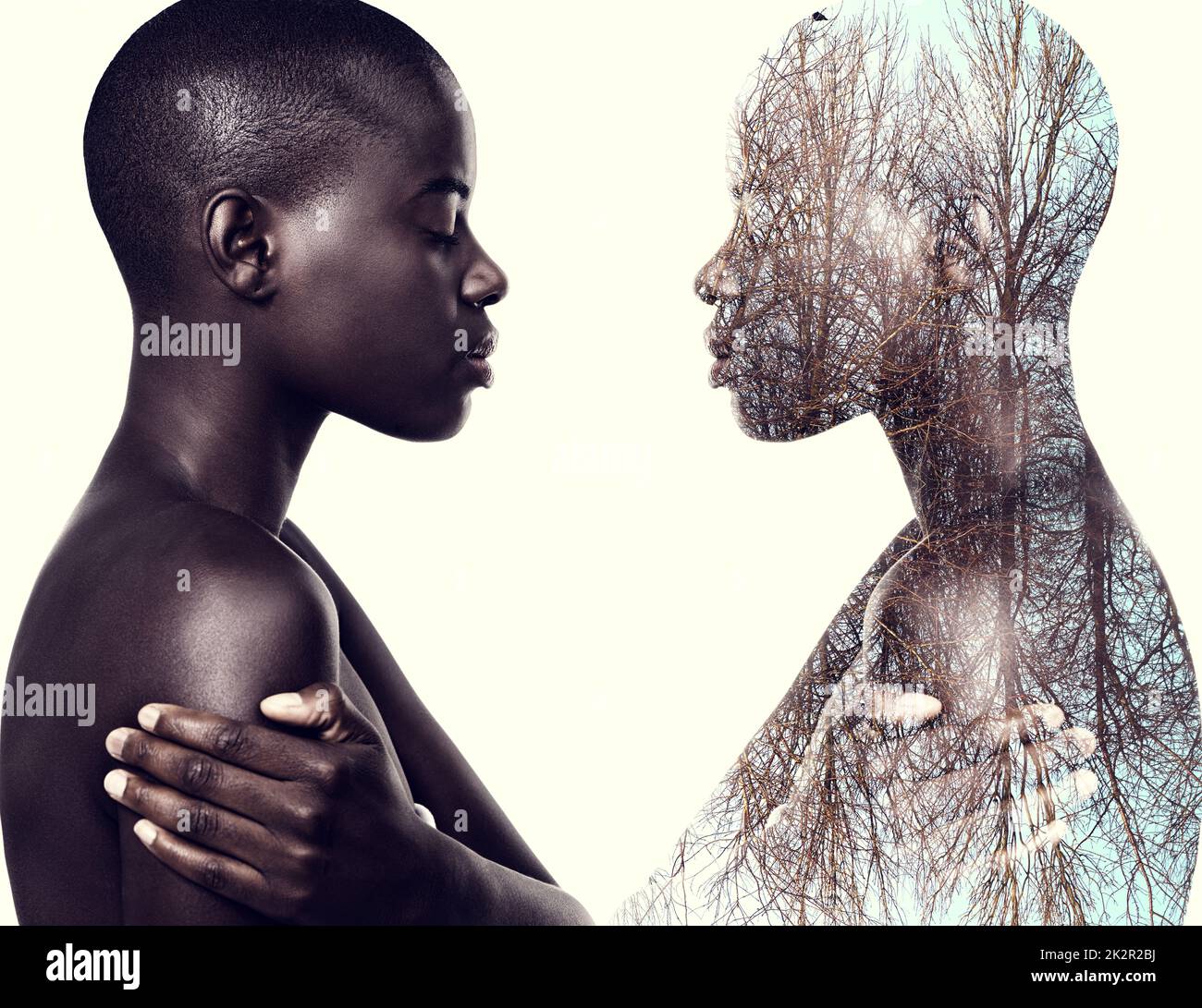 Seeing double. Multiple exposure shot of a young woman standing face to ...