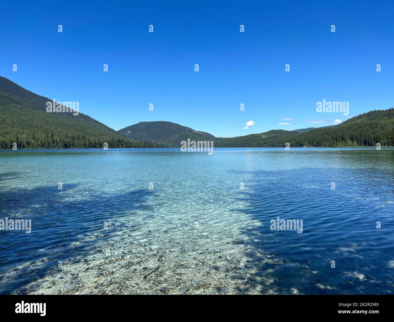 An aerial view of a beautiful blue lake and hills full of pine trees ...