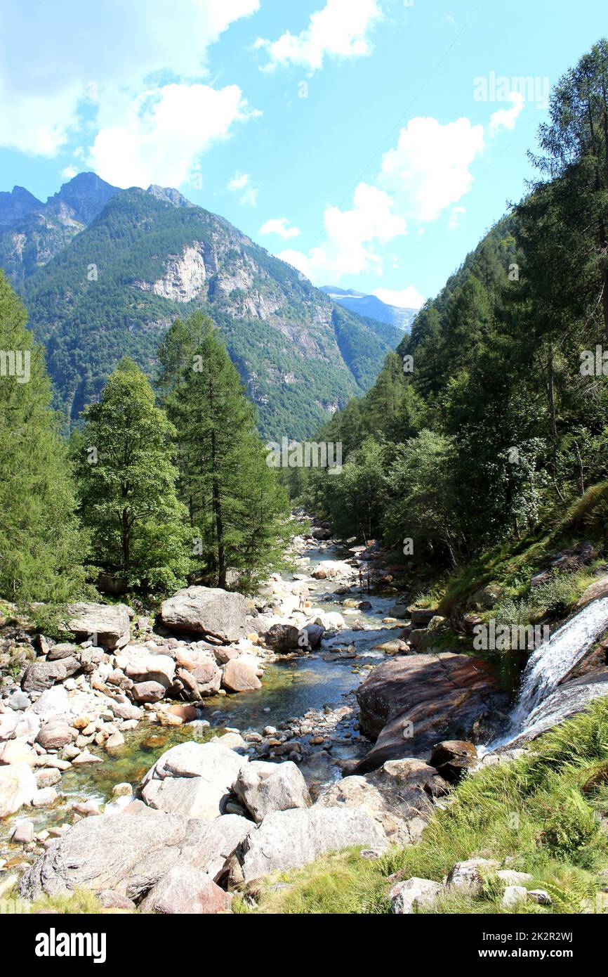A beautiful vertical shot of a valley between mountains a river with ...