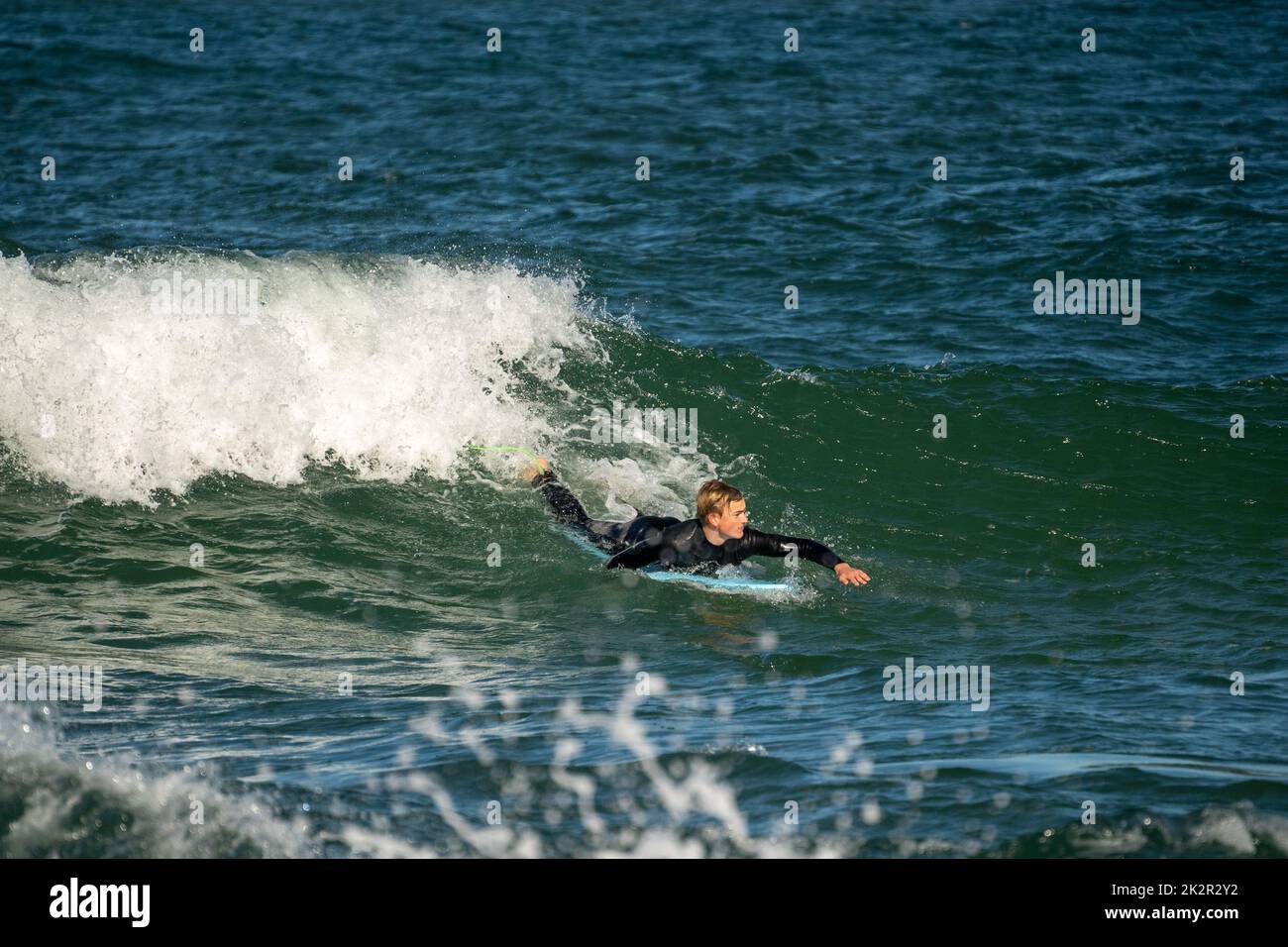 A surfer lying on the shortboard and swimming with hands on the wave ...