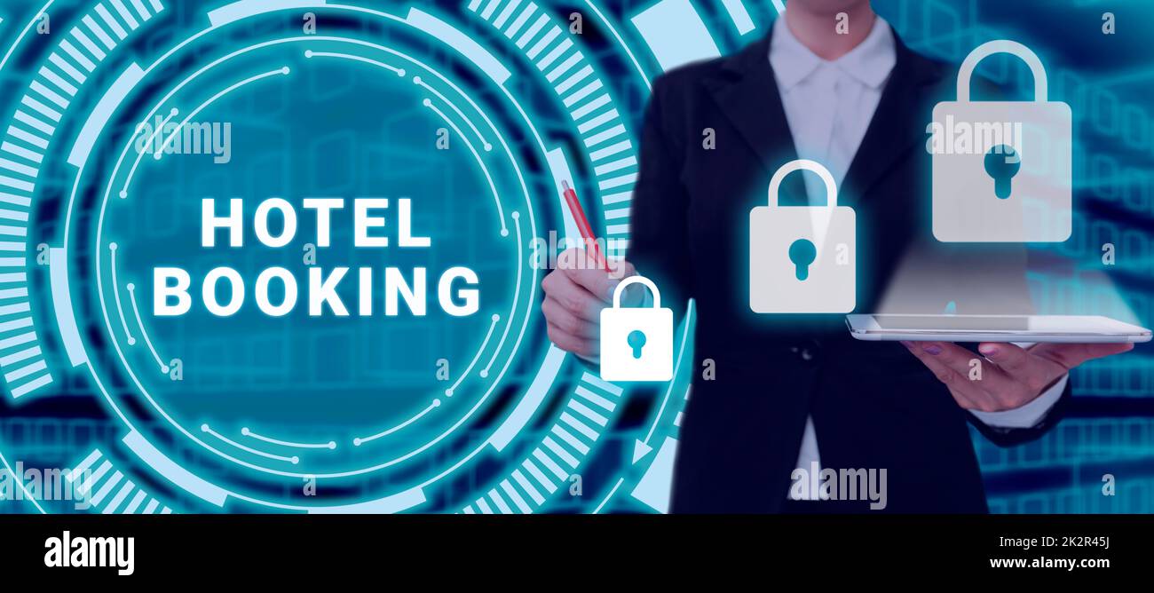 Text sign showing Hotel Booking. Business idea Online Reservations ...