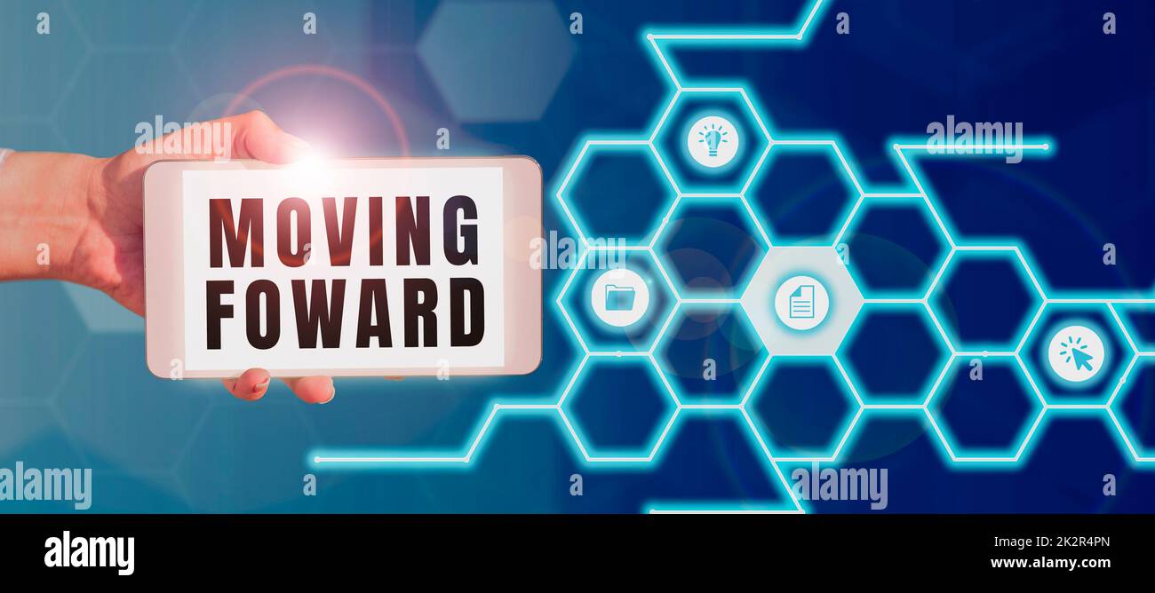 Text sign showing Moving Foward. Business showcase Towards a Point Move ... Text sign showing Moving Foward. Business showcase Towards a Point Move ...