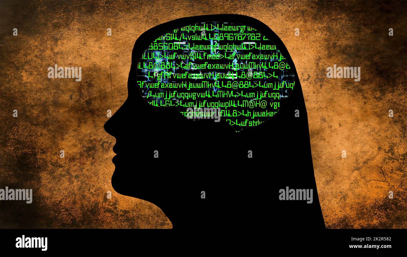 Girl silouette and brain coding in mind Stock Photo - Alamy