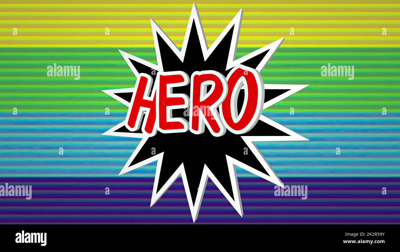 Hero comic pop art text against colorful background Stock Photo - Alamy