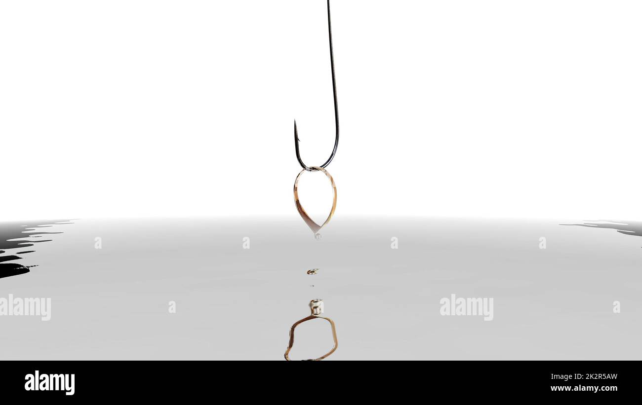 Wedding ring on fishing hook reflecting in water Stock Photo - Alamy