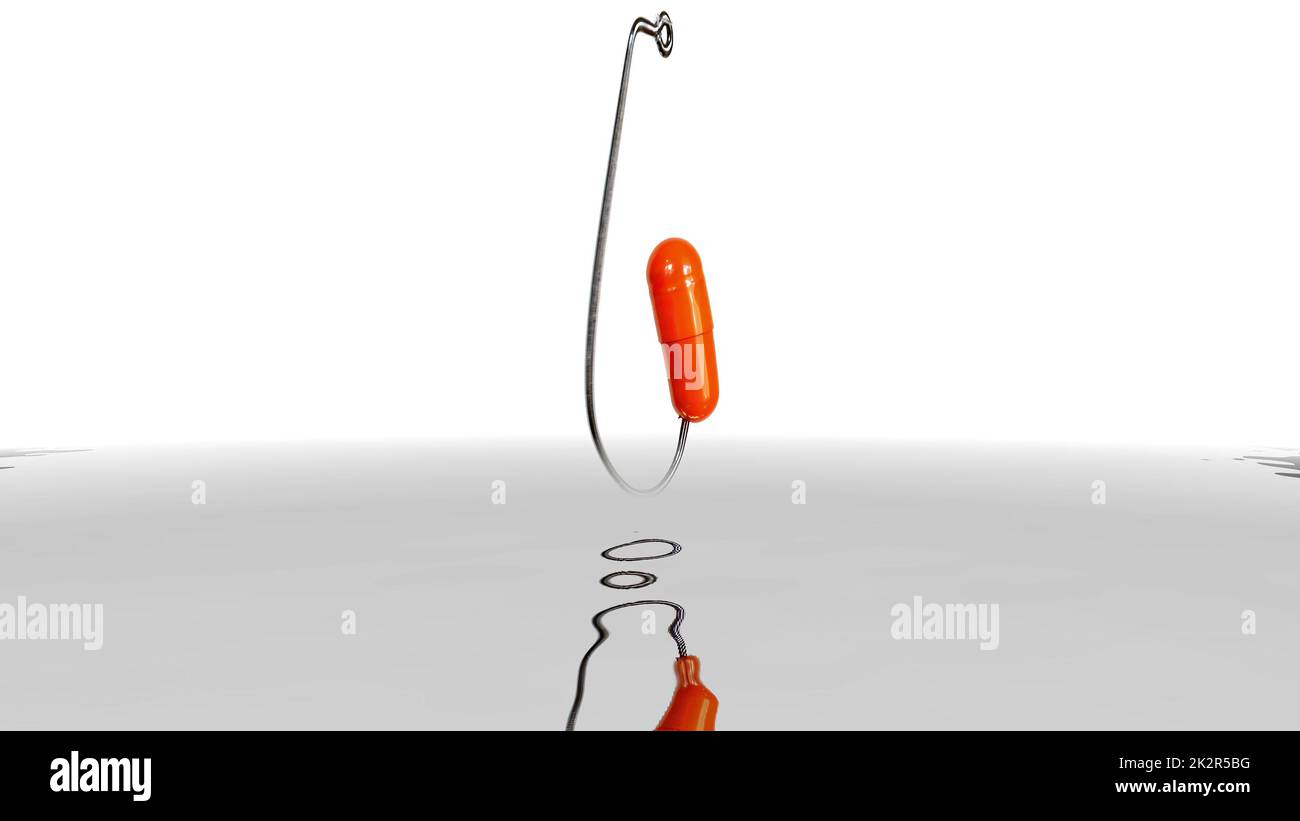 Pill on fish hook reflecting in water Stock Photo - Alamy