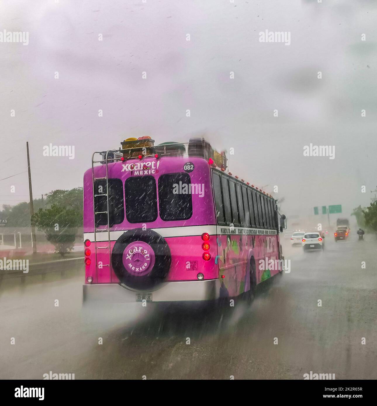 Pink Xcaret bus drives in heavy rain on highway Mexico Stock Photo - Alamy