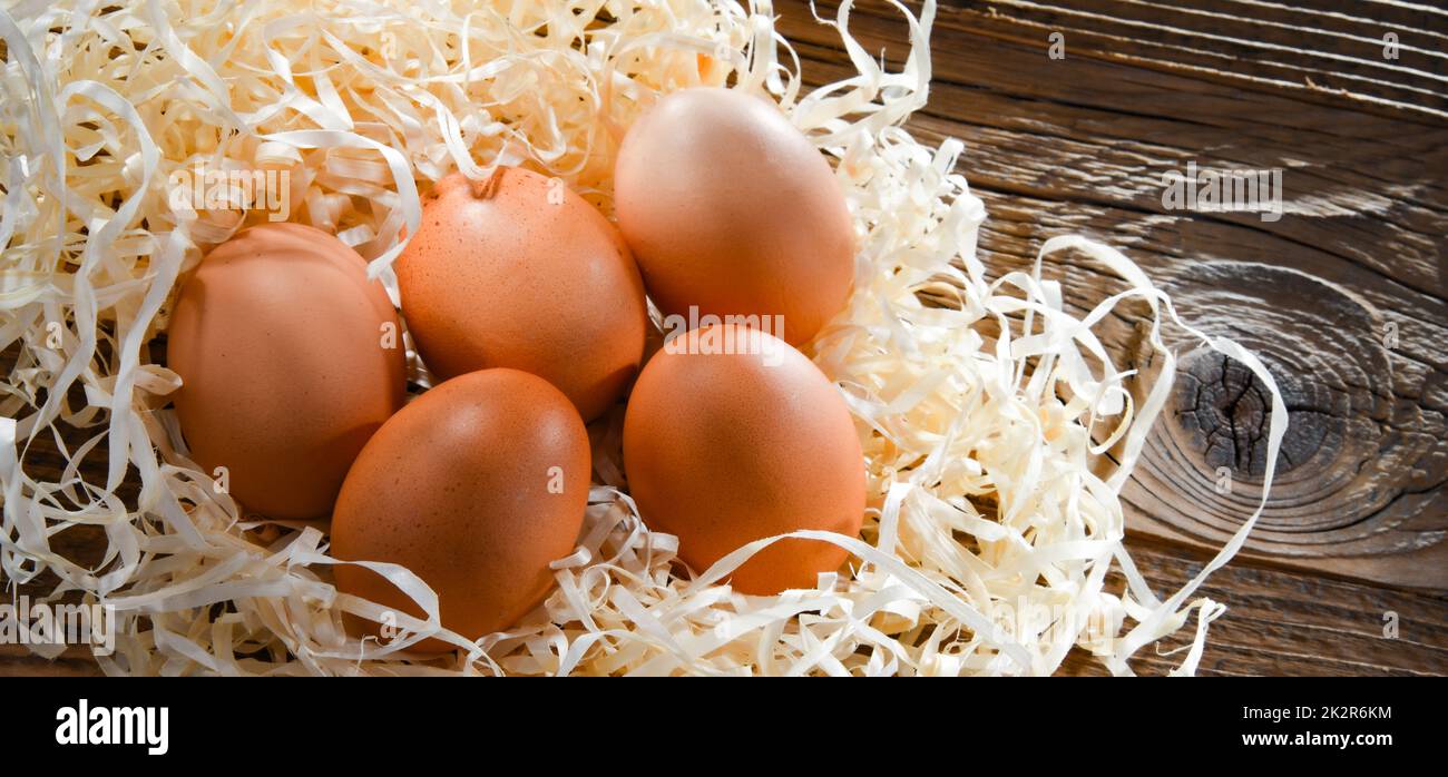 Composition with five chicken eggs on wood Stock Photo - Alamy