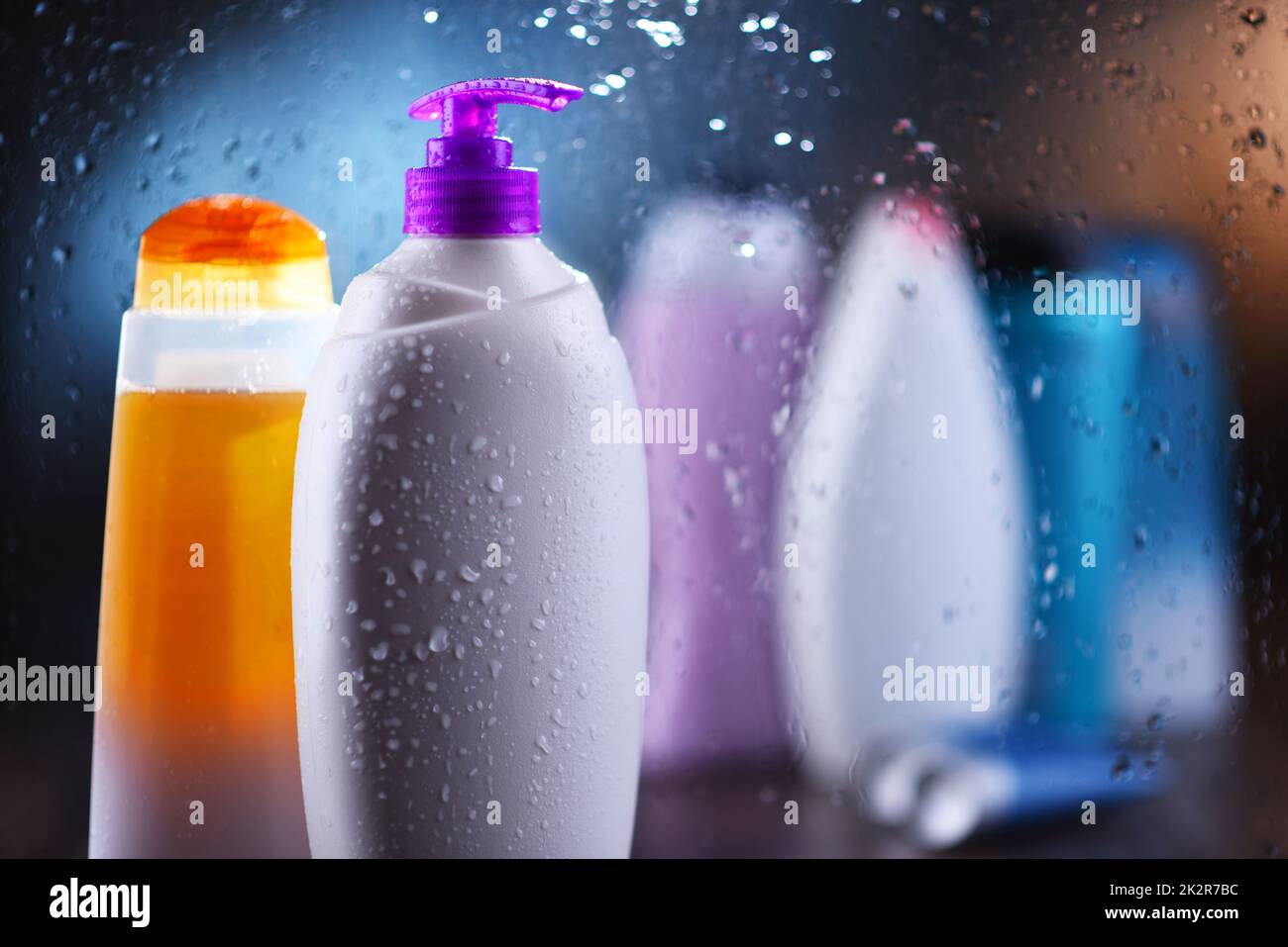 Different containers of body care products in the bathroom Stock Photo ...
