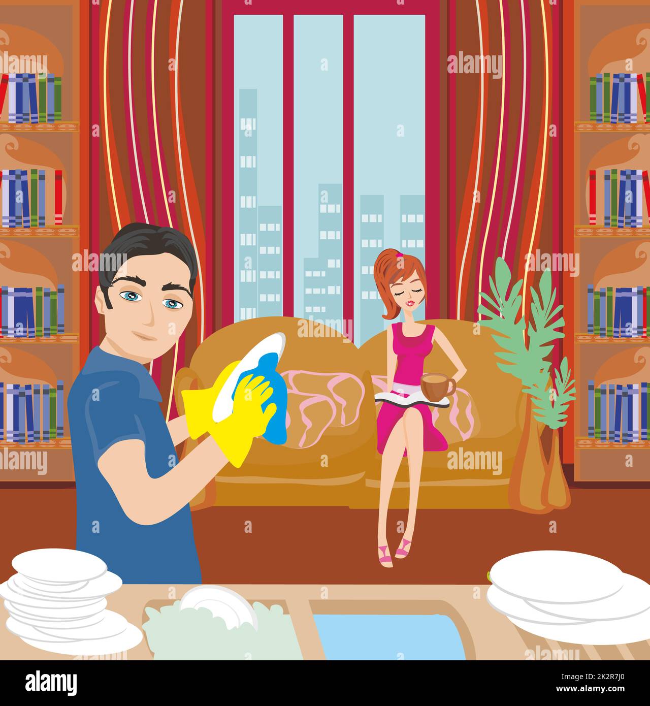 Husband washing dishes Stock Photo - Alamy