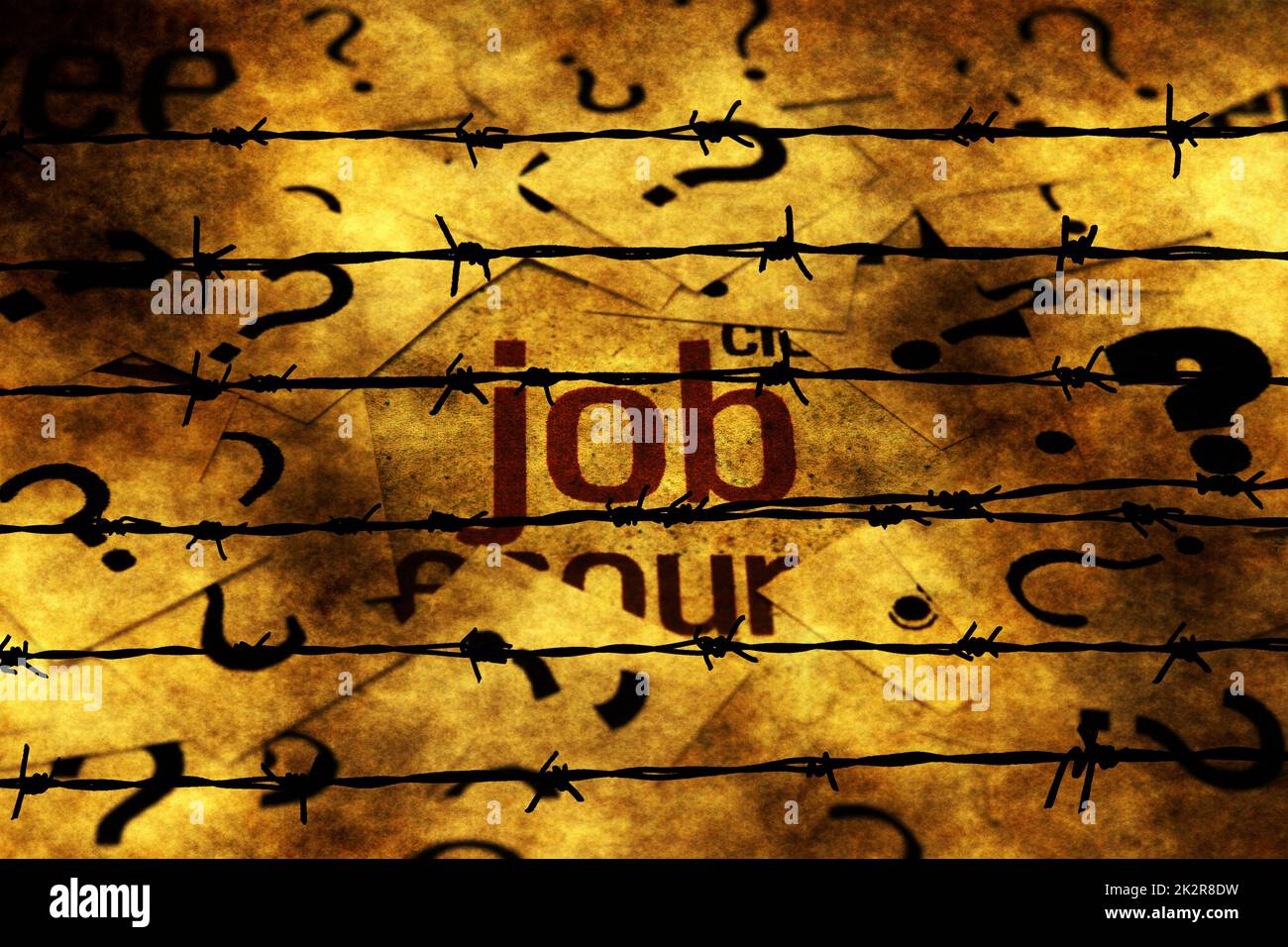 Job and question marks against barbwire Stock Photo - Alamy