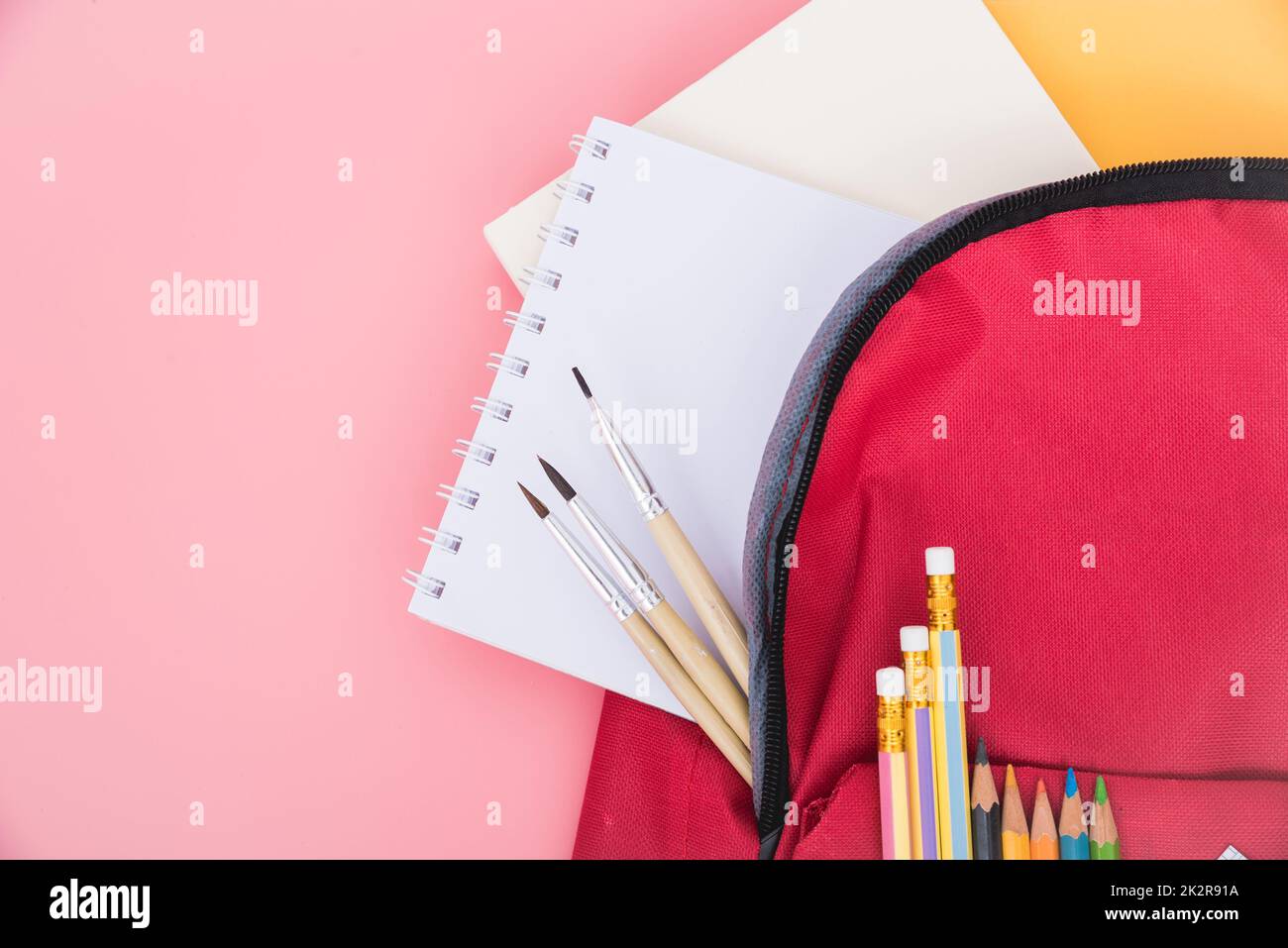 Top view Red bag backpack for education children Stock Photo - Alamy