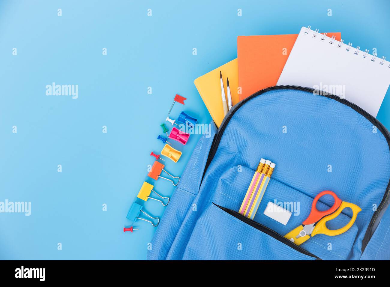 Top view Blue bag backpack for education children Stock Photo - Alamy
