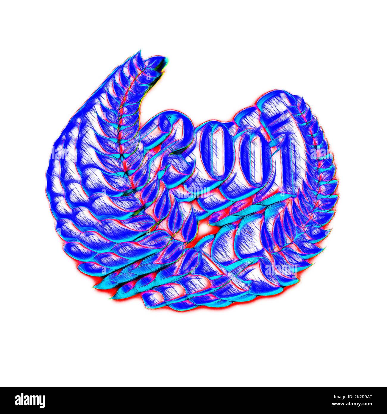 Number 2001 with laurel wreath or honor wreath as a 3D-illustration, 3D ...