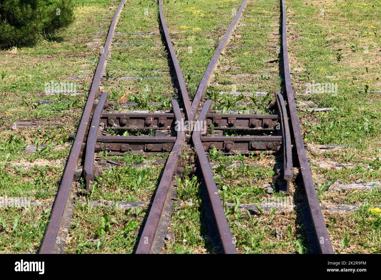 An abandoned railroad track where grass has grown through the lines ...