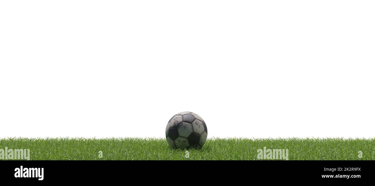 Old used soccer ball on grass panorama, 3d rendering Stock Photo - Alamy