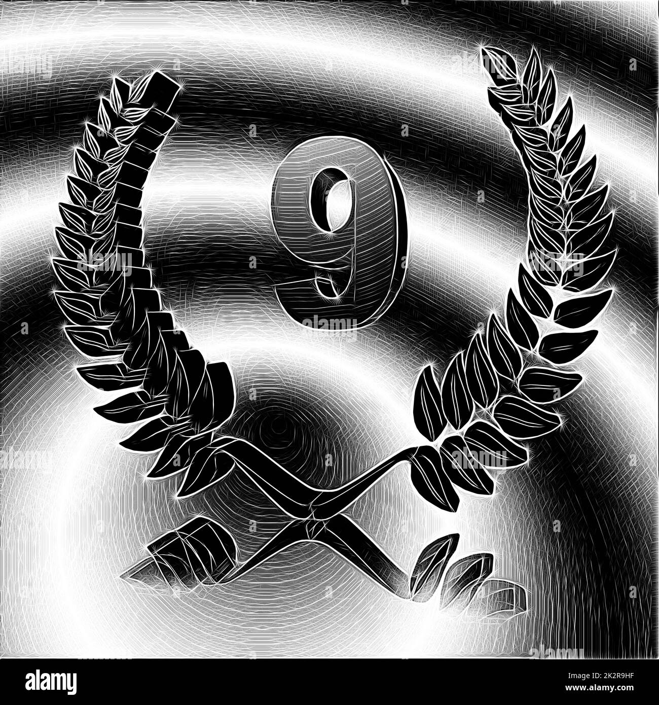Number 9 with laurel wreath or honor wreath as a 3D-illustration, 3D ...