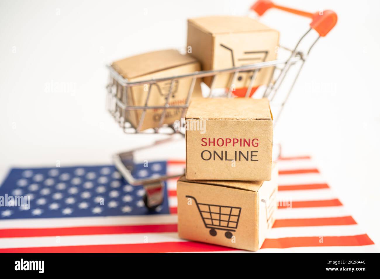 Box with shopping online cart logo and USA America flag, Import Export ...