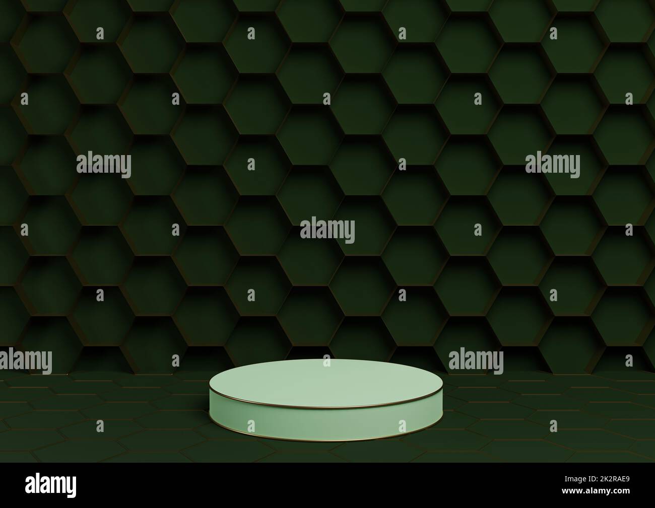 Dark, warm green 3D rendering product display podium luxurious golden honeycomb abstract ...