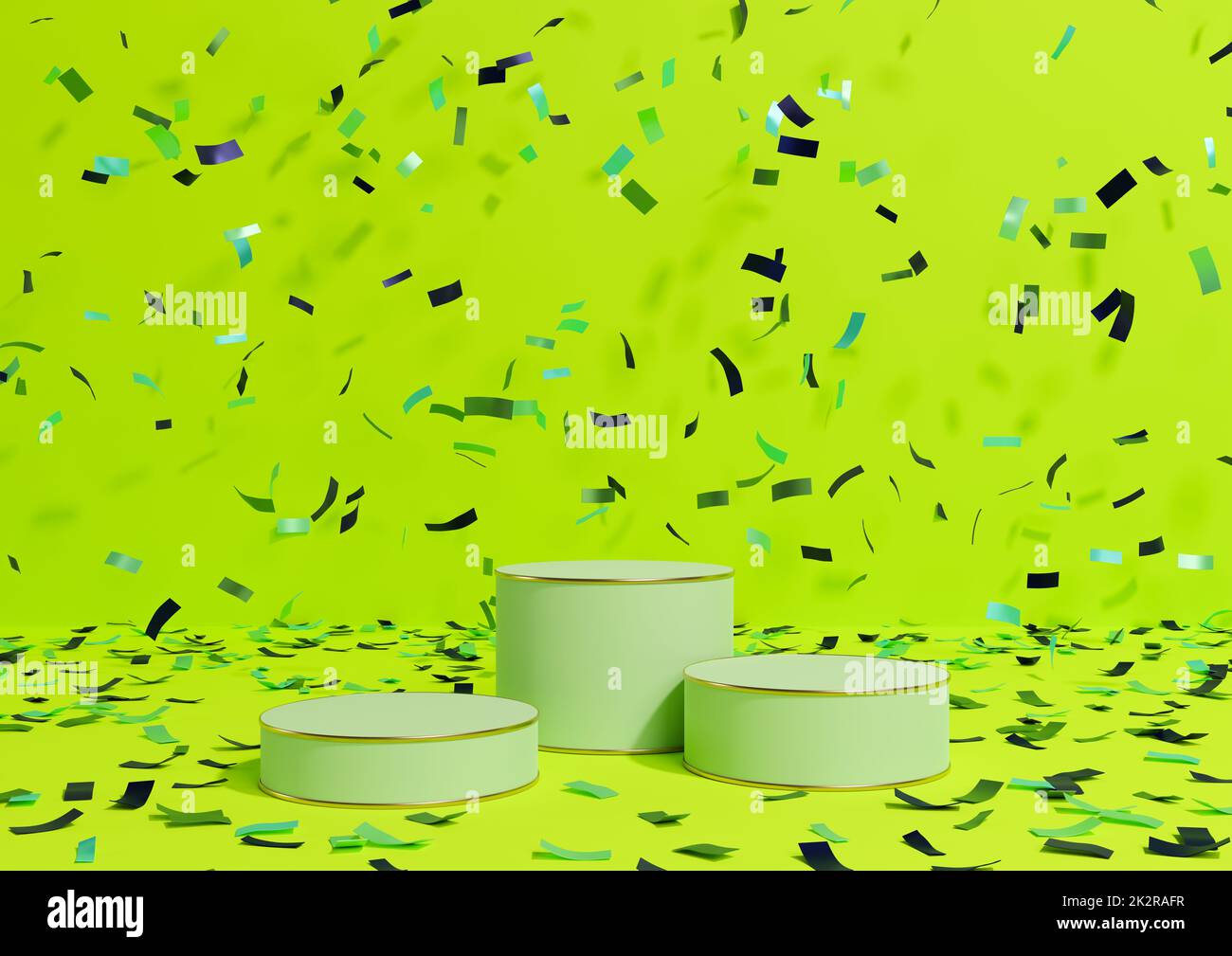 Bright, lime, neon green 3D rendering product display three podiums stands with colorful ...