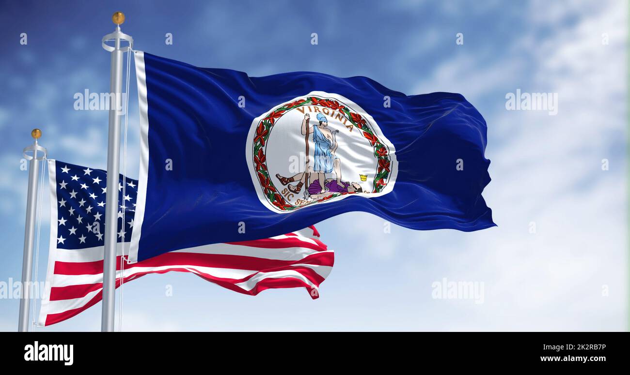 The Virginia state flag waving along with the national flag of the ...