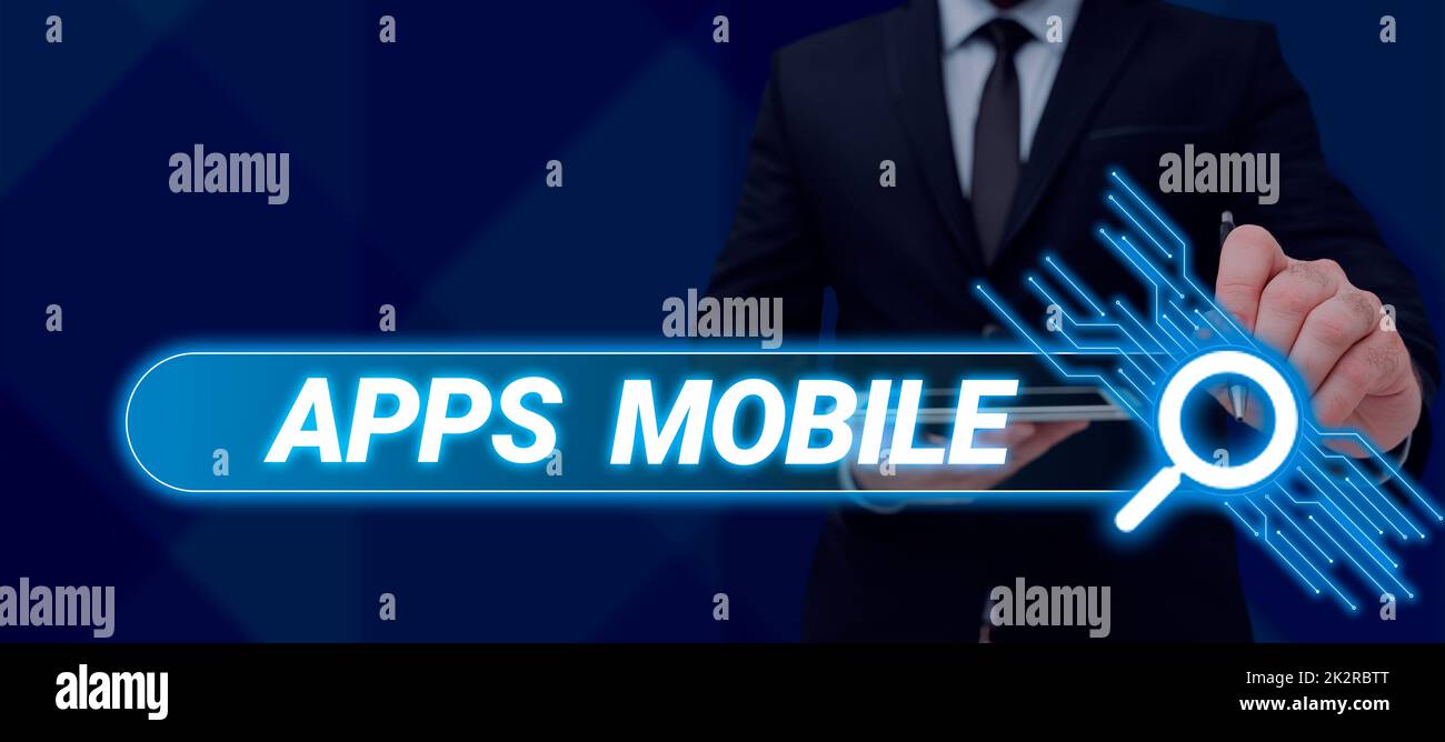 Text caption presenting Apps Mobile. Word for computer program designed to run on phone hand ...