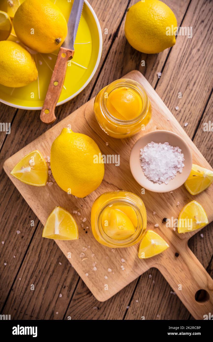 Preserved, salted canned lemons, lemon pickle. Moroccan cuisine Stock ...