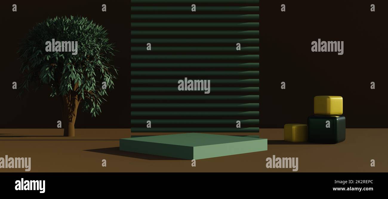 Green podium with abstract art objects. Stand to show products. Stage ...