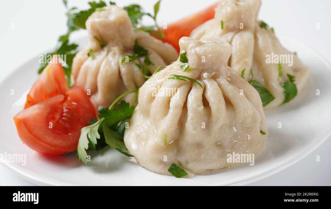 Georgian dumplings Khinkali with meat and red pepper, Traditional ...