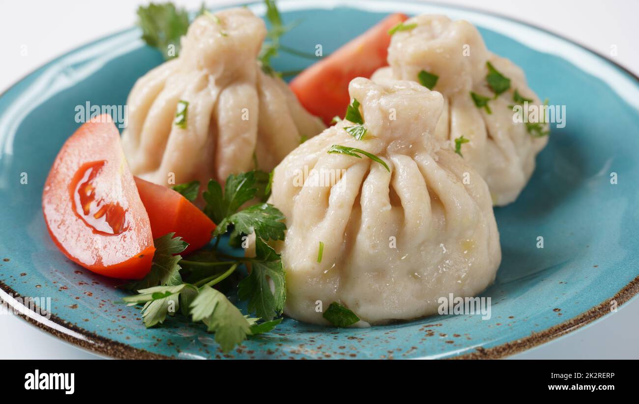Georgian dumplings Khinkali with meat and red pepper, Traditional ...